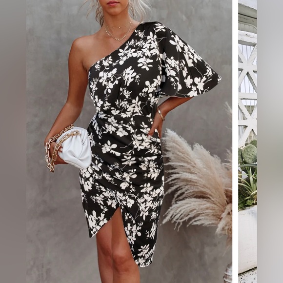 Cupshe | Dresses | Cupshe One Shoulder Mid Dress Black And White Floral ...